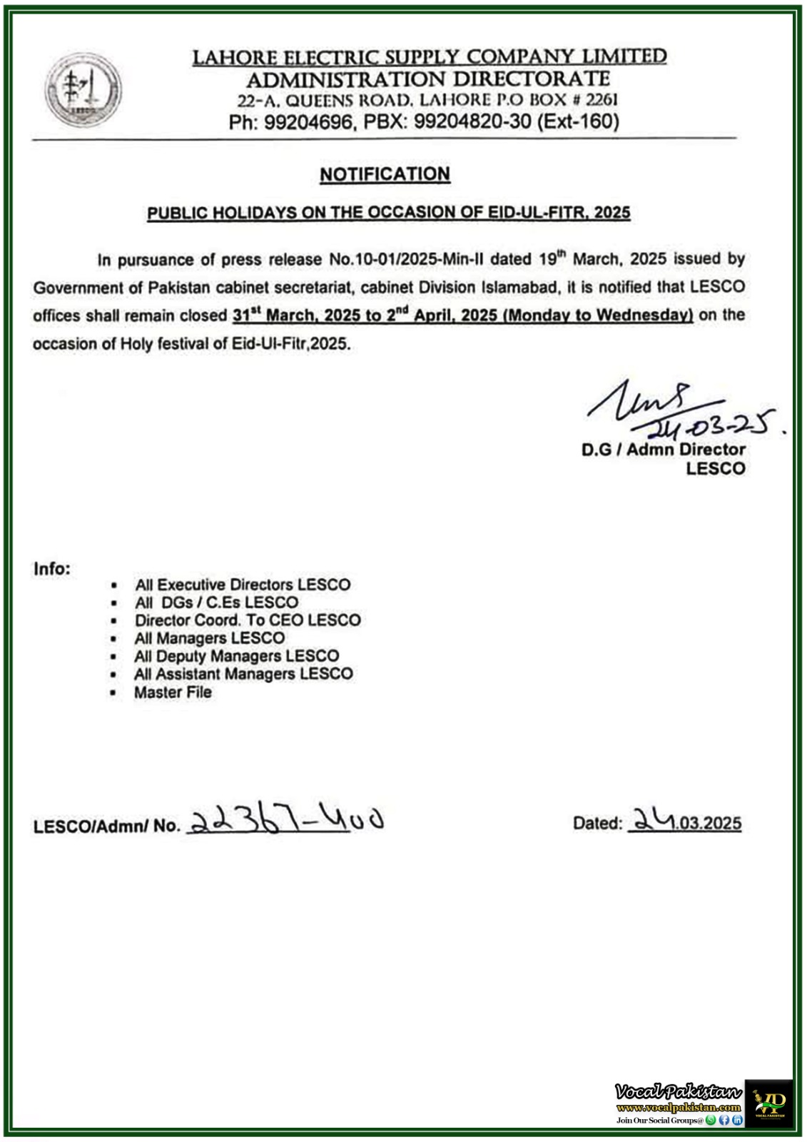 LESCO Announces Public Holidays for Eid-ul-Fitr 2025–Official ...