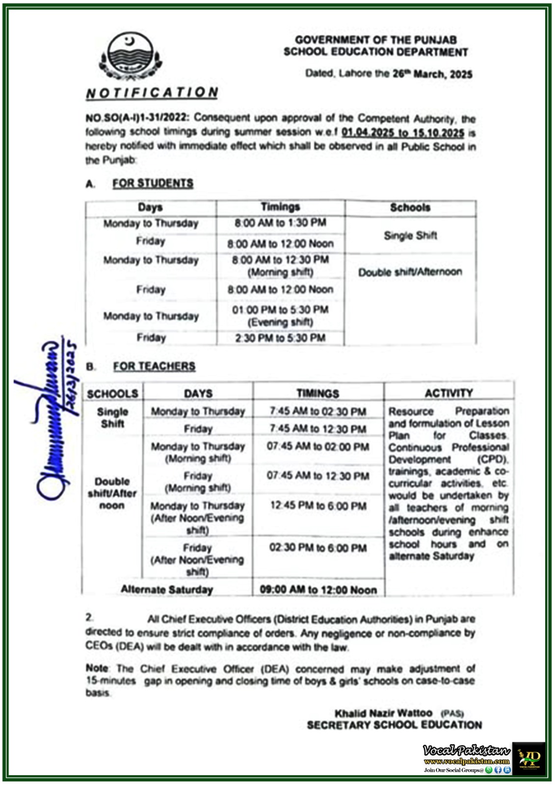 School Timings - Vocal Pakistan