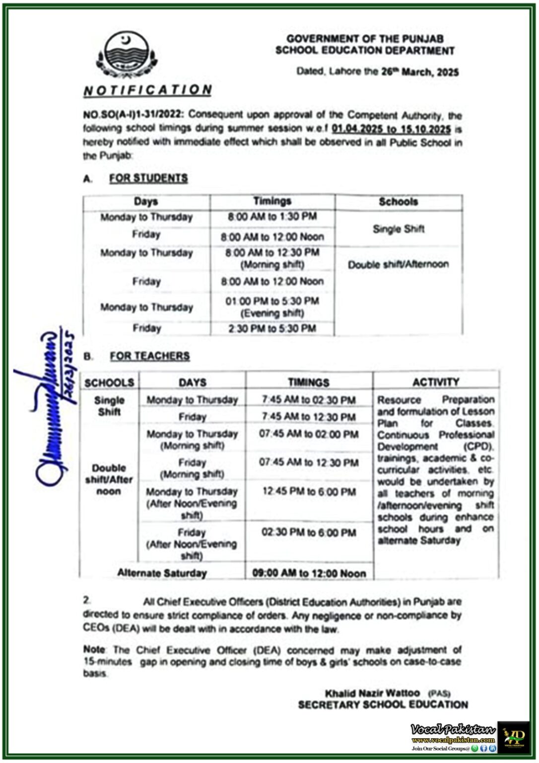 School Timings - Vocal Pakistan
