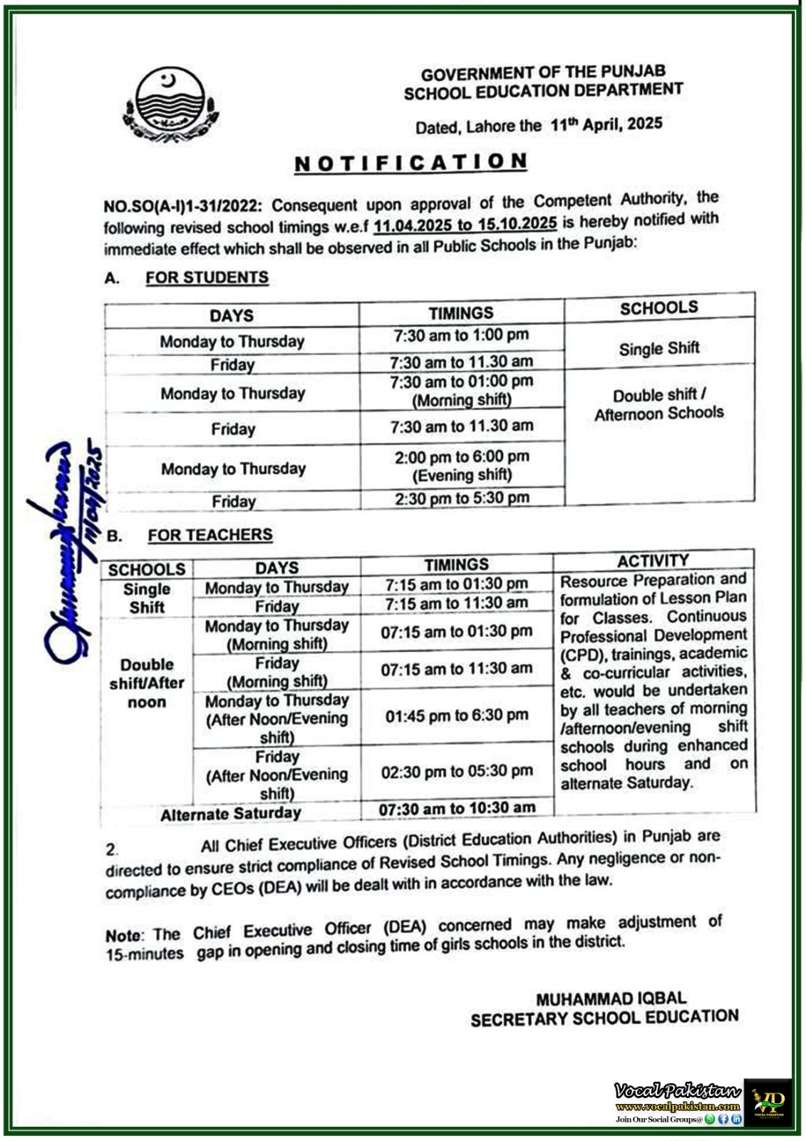 Punjab Government Announces Revised School Timings April to October ...