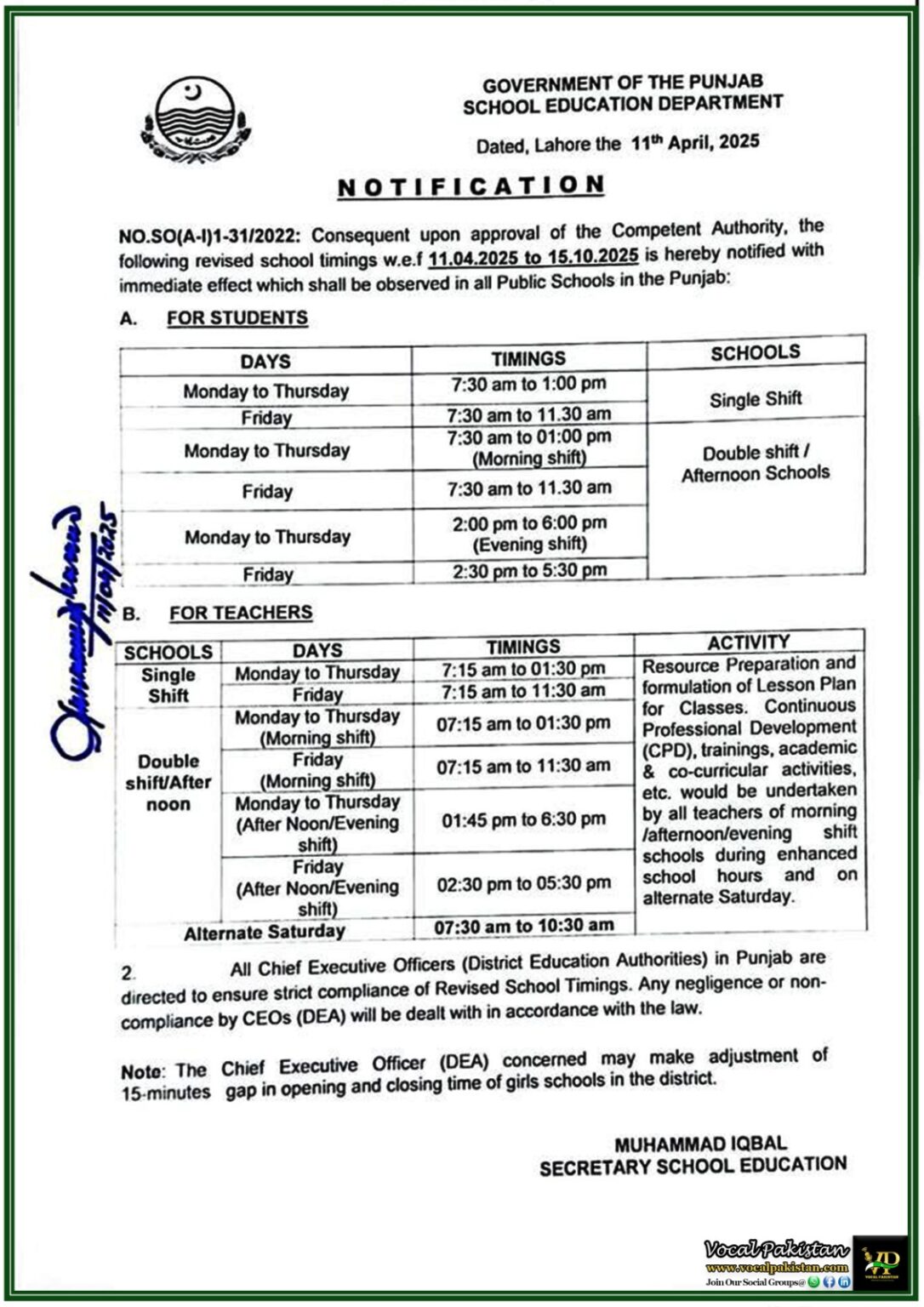 School Timings - Vocal Pakistan