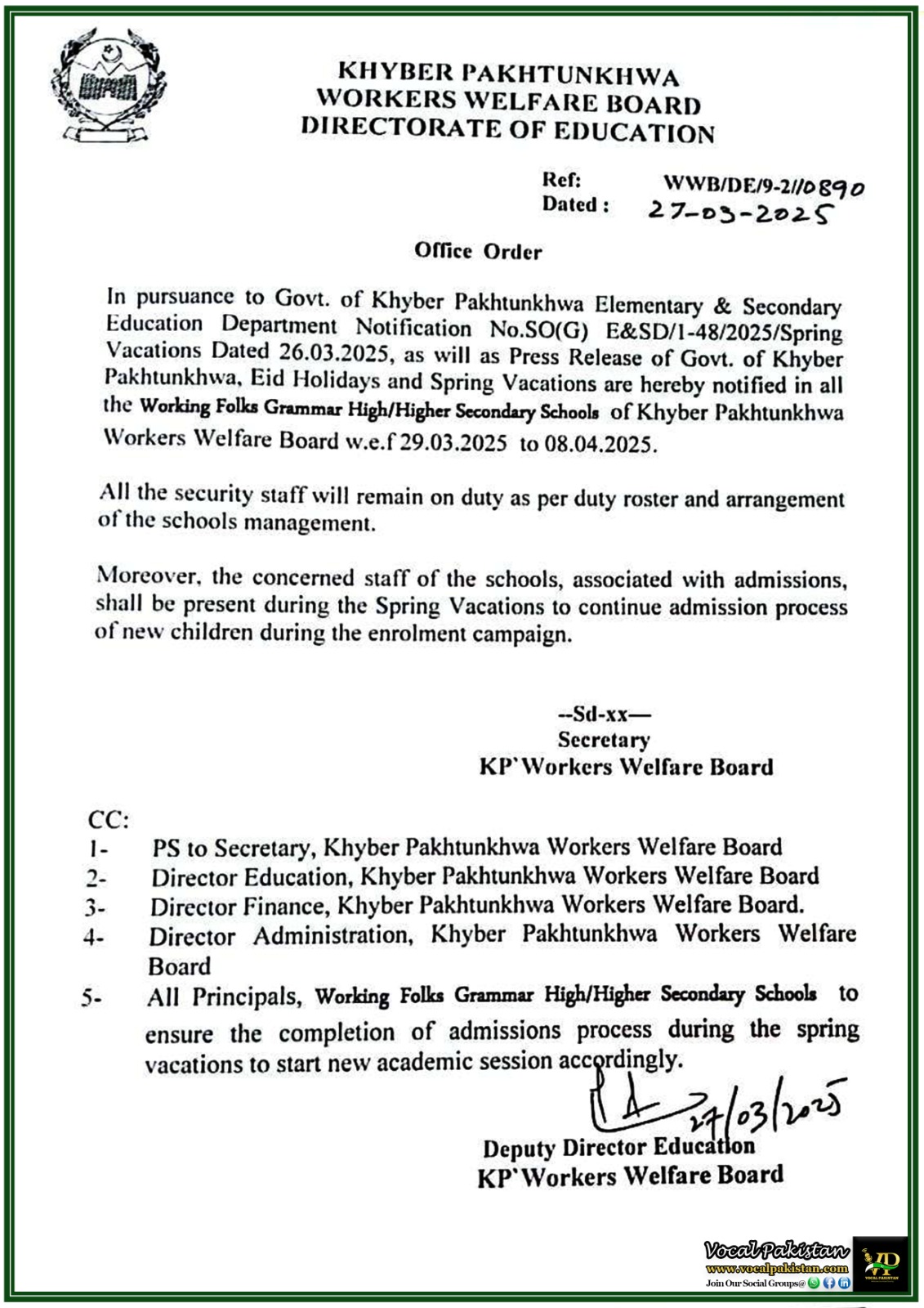 Spring & Eid Holidays Announced for Khyber Pakhtunkhwa Workers Welfare ...