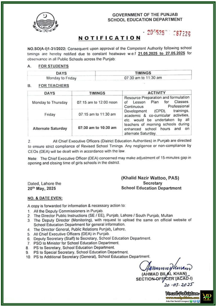 Punjab Government Announces Revised School Timings Due to Heatwave–Official Notification - Vocal ...