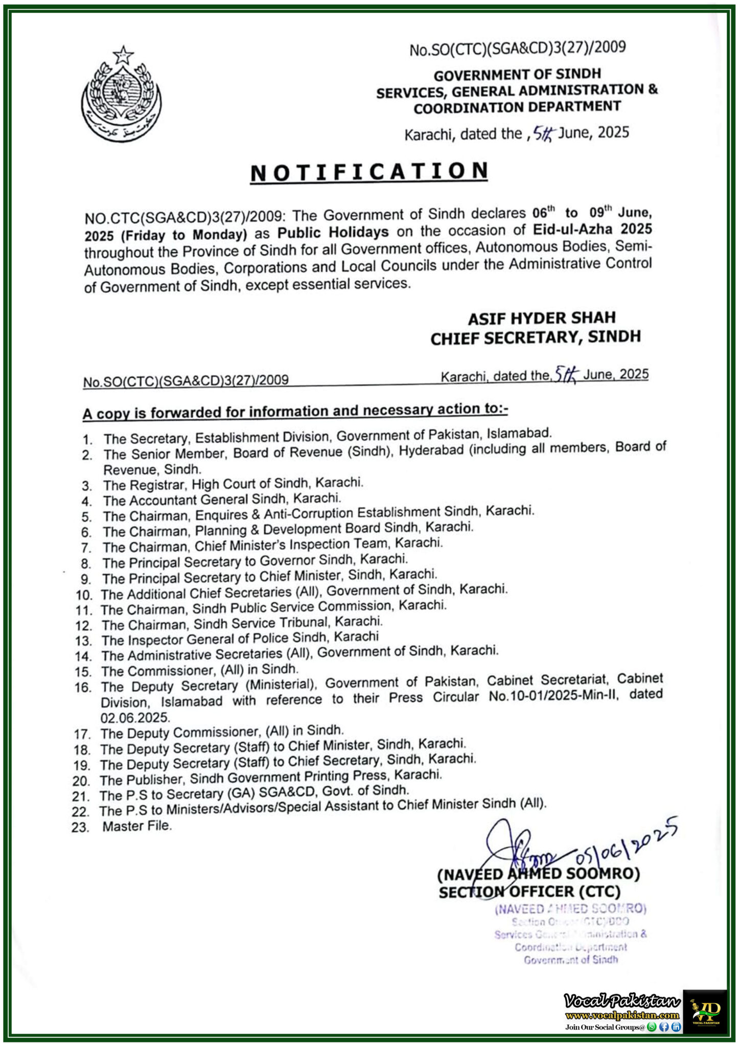 Sindh Government Issues Notification for Eid-ul-Azha 2025 Holidays ...